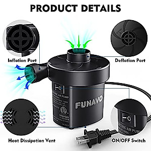 Electric Air Pump, FUNAVO Portable Air Pump With 3 Nozzles, 130 W Quick-fill Electric Pump, Inflate/Deflate Air Pumps for Inflatable Swimming Pools, Air Mattress, Boats, Swimming Ring (110 V AC 60 Hz)