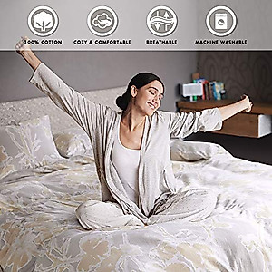 INTELLIGENT DESIGN Reversible 100% Cotton Sateen Duvet - Breathable Comforter Cover, Modern All Season Bedding Set with Sham (Insert Excluded), Tanet, Flower Grey King/Cal King(104"x90")