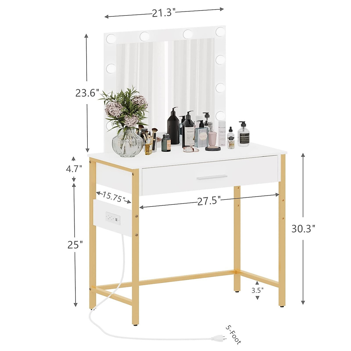 Irontar Makeup Vanity Table with Charging Station and USB Ports & Power Outlets, Bedroom Vanity Desk with Lights and Mirror for Women, Makeup Table with Drawer, White