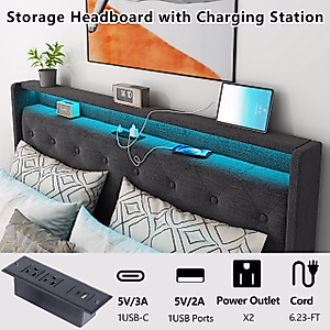 Loomie Queen Lift Up Bed Frame with Charging Station & LED Lights, Upholstered Bed with Button Tufted Wingback Storage Headboard, Hydraulic Storage, No Box Spring Needed, Wood Slats Support,Dark Grey