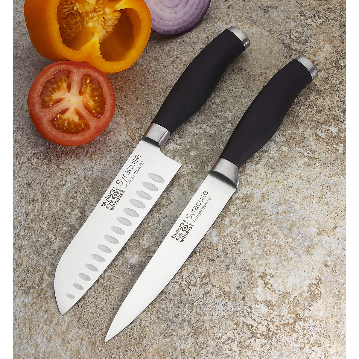 Taylors Eye Witness Syracuse Asian Kitchen Knife Set - Chefs Santoku 13cm/5” & Cooks All Purpose 13cm/5” Cutting Edge, Multi Use. Ultra Fine, Razor Sharp Blade. Soft Textured Grip Matte Black Handle.