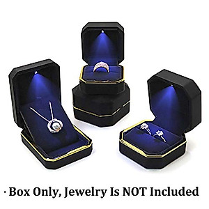 AVESON Luxury Ring Box, Square Velvet Wedding Ring Case Jewelry Gift Box with LED Light for Proposal Engagement Wedding, Black