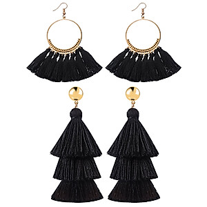 Hestya 2 Pairs Tassel Earrings for Women Girls Handmade 3 Tiered Tassel Dangle Earrings and Gold Hoop Earrings (Black)