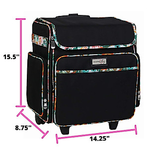 Everything Mary Black & Floral Rolling Scrapbook Storage Tote - Scrapbooking Storage Case for Rings, Paper, Binder, Crafts, Beads, Scissors - Telescoping Handle with Dual Wheels
