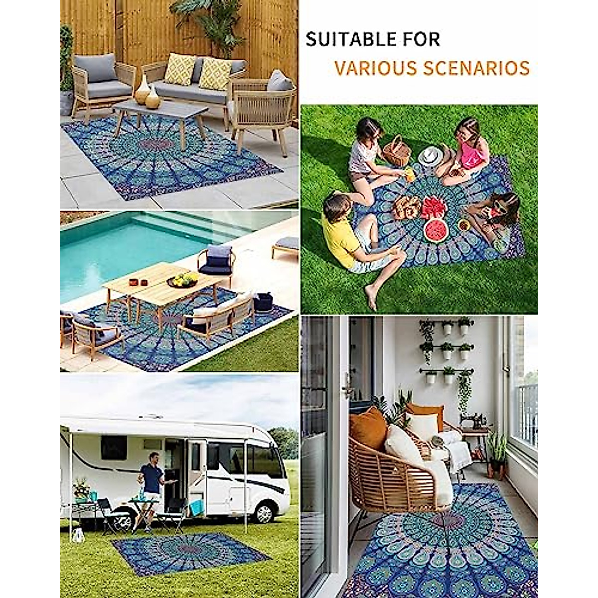 Outdoor Rugs Mandala Flower Reversible Mats Non Slip Carpet Indoor Outdoor Area Rug with Rubber Floral Pattern Non-Slip Outdoor Carpet Camping RV Rug/Deck Rug/Porch Rug 6x9 ft