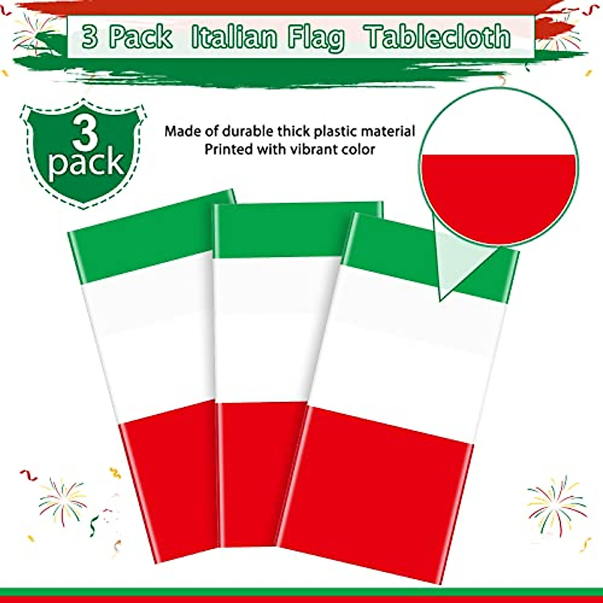 3 Pack Italian Flag Tablecloth, Italian Themed Disposable Plastic Tablecloth, Rectangle Italian Table Cover for Italy Family Gathering Kitchen Dining Decorations and Party Supplies 54 x 108 Inch