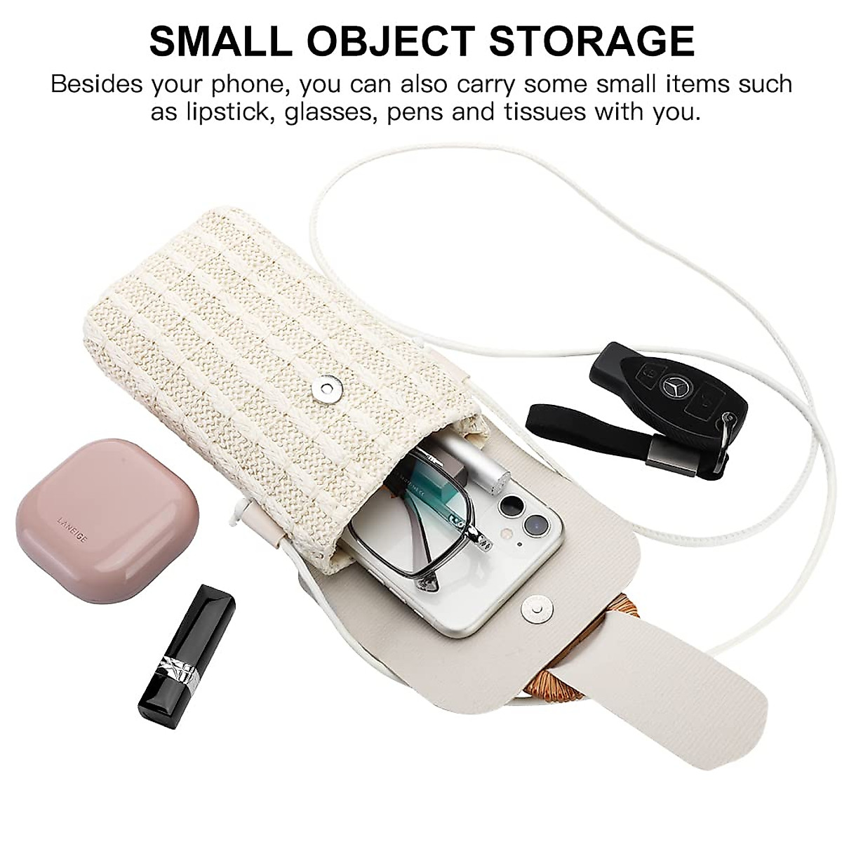 Soleebee Boho One Shoulder Crossbody Phone Bag Small Shoulder Bag Mini Wallet for Women Storage Bag Woven Leather Trim Phone Bag, Oval