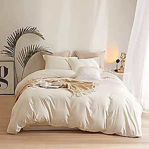 LifeTB Cream White Microfiber Duvet Cover Set Full Queen / 4 Piece Cream White Cooling Sheets Set Queen (1 Duvet Cover, 2 Pillowcases / 1 Flat Sheet, 1 Fitted Sheet, 2 Pillowcases)