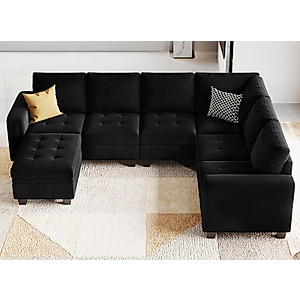 Belffin Velvet Modular Sectional Sofa with Storage Ottoman 6 Seater L Shaped Sectional Modular Sofa Couch with Reversible Chaise Convertible Corner Sectional Couch Black