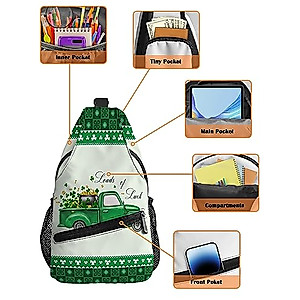 Sling Backpack, St. Patrick's Day Green Truck with Lucky Clover Waterproof Lightweight Small Sling Bag, Travel Chest Bag Crossbody Shoulder Bag Hiking Daypack for Women Men