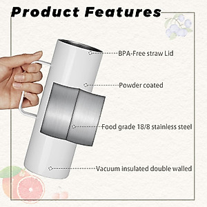 Lilsofee 4 Pack 20 oz Sublimation Blanks Tumbler with Handle and Straw Stainless Steel Double Vacuum Insulation Skinny Mug Heat Press Transfer Printing Cups DIY Gifts, 20oz-4pack