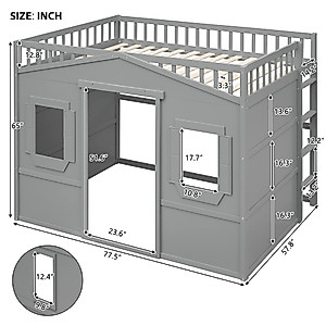 House Loft Bed Twin Loft Beds Solid Wood Frame with Window and Wall Fun Playhouse Bed with Ladder for Kids Boys Girls Teens, Twin Size, Gray