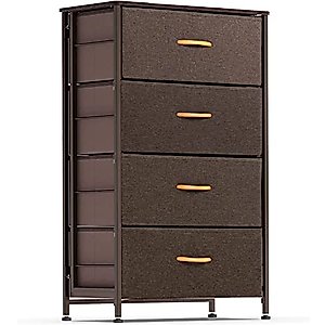 WAYTRIM Dresser Storage Tower, 4 Fabric Organizer Drawers, Wide Chest of Drawers for Closet Boys & Girls Bedroom, Bedside Furniture, Steel Frame, Wood Top, Fabric Bins, Easy installation (Coffee)
