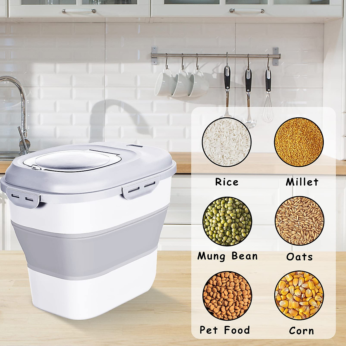Cereal Rice Food Storage Containers, Collapsible 20 to 50 Lbs Dispenser Bin with Rolling Wheel Airtight Locking Lid, Dog Pet Cat Flour Sugar Plastic Leakproof Sealable Large Kitchen Pantry Holder