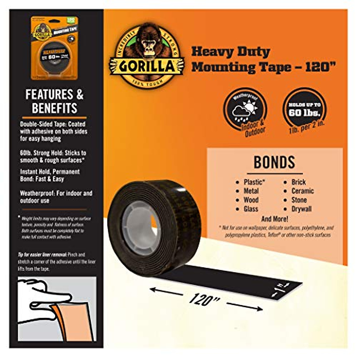 Gorilla Heavy Duty, Extra Long Double Sided Mounting Tape, 1" x 120", Black, (Pack of 1)