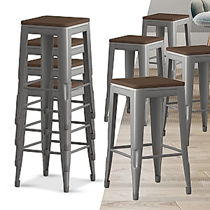 ZAFLY Metal Backless Bar Stool with Wood Seat Industrial Style Counter Height Barstool Indoor Outdoor Stackable Bar Chair, Set of 4, 330lbs Weight Capacity
