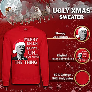 Pesky Patriot Funny Joe Biden Merry UH UH Ugly Christmas Sweater | Hilarious Mumbling Biden Tacky Xmas Pullover Sweatshirt for Men or Women (XX_Large) Red