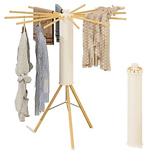 Tripod Drying Rack Portable, Foldable Drying Rack Clothing with 12 Wood Drying Arms, Standing Laundry Hanger Rack Round Collapsible & Portable Handle for Laundry Room, Balcony, Bedroom, RV