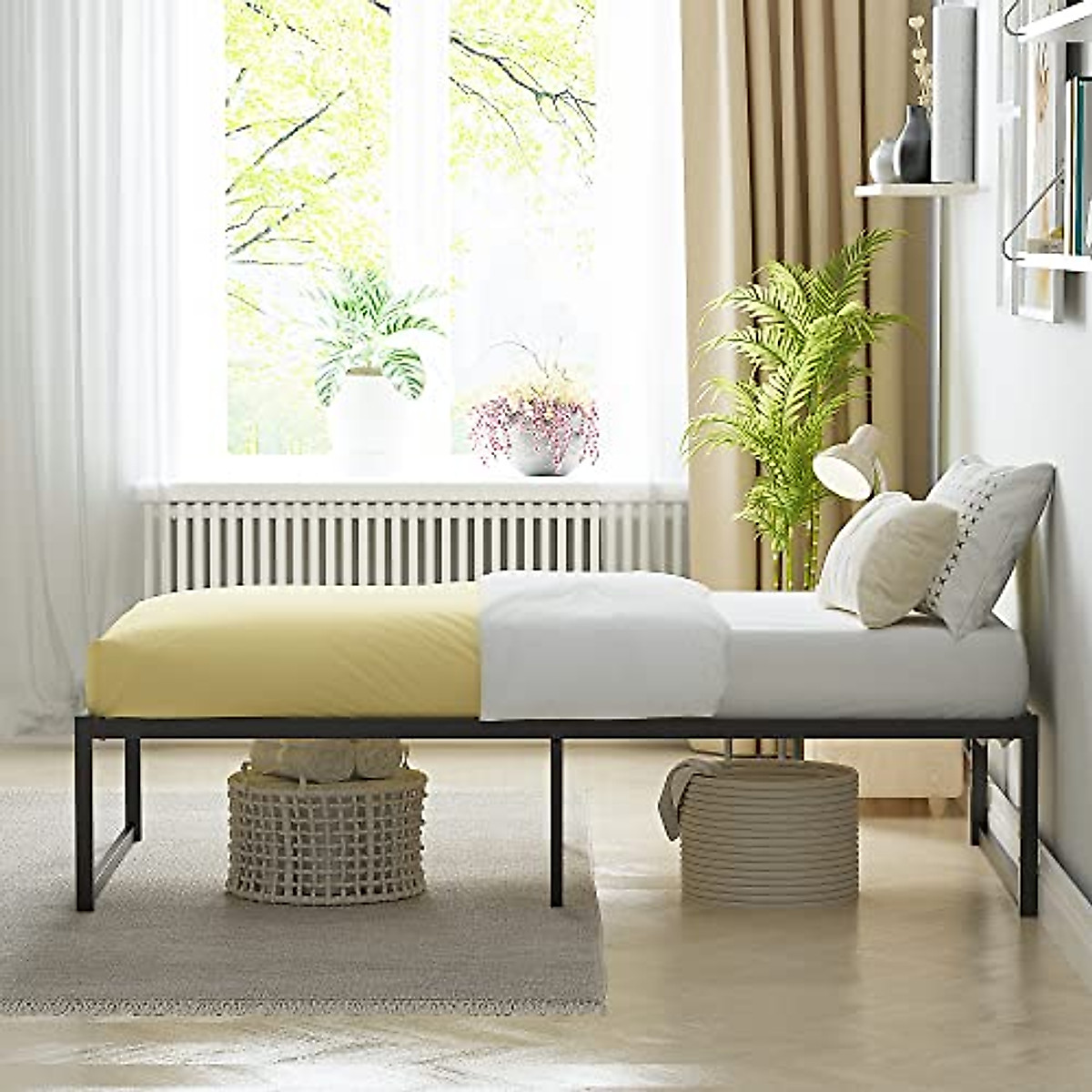 Elephance Twin Bed Frame with Storage Space 16 Inch Black Kids Student Bedframe No Box Spring Needed Metal Platform with Heavy Duty Steel Slat Support, Easy Assembly