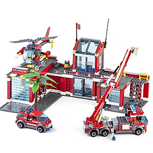 QLT QIAOLETONG City Fire Station Building Kit, 774 Pcs Building Set Including Fire Station, Fire Truck, Fire Helicopter,Fire Fighter, City Building Blocks STEM Toys Gift for Boys 6-10 Years Old.