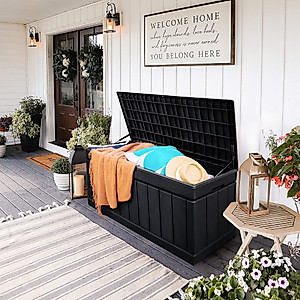 GUNJI 83 Gallon Storage Box Outdoor Waterproof Large Resin Deck Box Patio Storage Bench Lockable Storage Container for Outdoor Cushions, Garden Tools and Pool Supplies (Black)