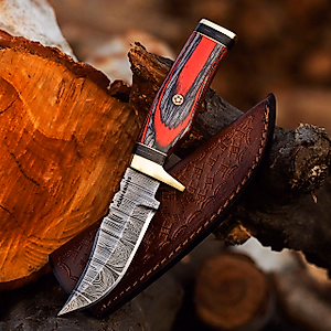 ADAM KNIVES Handmade Damascus Steel Hunting Knife | Skinning Knife | Skinner Knife | 102 Woodsman Fixed Blade Hunting Knife With Leather Sheath | Unique Gift (Red & Black)