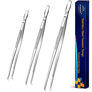 JETKONG Extra Long Kitchen Tweezers Heavy Duty Stainless Steel Cooking Tweezers, Set of 3 (9 12 14 Inch, Silver)