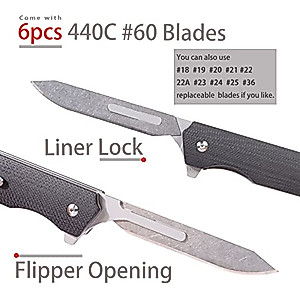 TENCHILON G36 Compact Folding Pocket Scalpel Knife, 6pcs 440C #60 Replaceable Blades, Contoured G10 Handle, Small Slim Gentleman's Flipper Utility EDC Knives with Pocket Clip