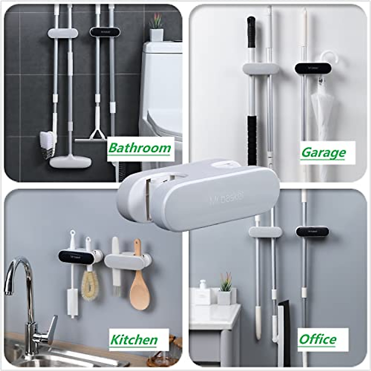 Mop and Broom Holder,Broom and Dustpan Hanger Holder Wall Mount Waterproof Heavy Duty Self Adhesive Gripper No-Drilling,Space Saver Tool Organizers For Kitchen,Garage,Bathroom,Laundry Room(White)