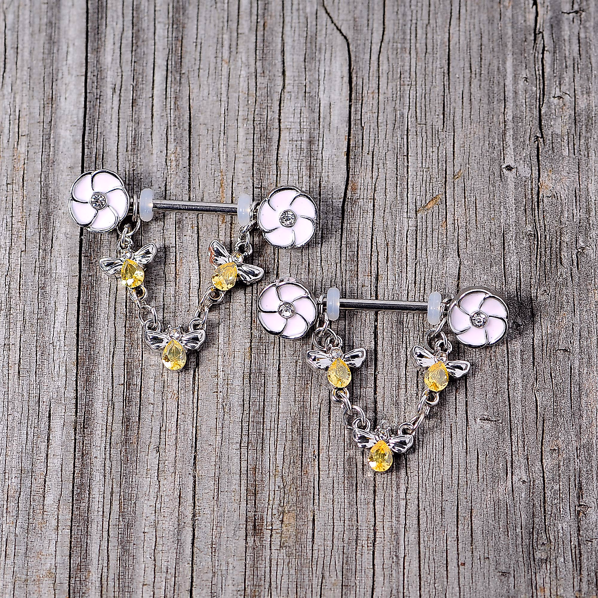 Body Candy 14G Womens Nipplerings Piercing Steel 2Pc Yellow Accent Flower Bee Dangle Nipple Ring Set 5/8"