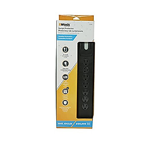 Woods 41496 Surge Protector With Safety Overload Feature 7 Outlets And 10 Ft Cord For 1440J Of Protection, Black