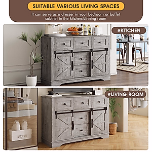 Vabches Farmhouse Sideboard Buffet Cabinet with Storage, Large Kitchen Sideboard Cabinet, Sliding Barn Doors and 5 Drawers, Adjustable Shelves, Coffee Bar Table for Dining Room, Light Rustic Oak