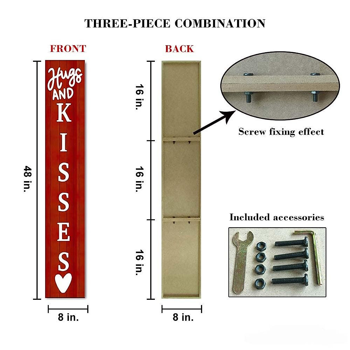 KPSheng 8x48 Inch Hugs And Kisses Porch Sign, Valentine Heart Sign Standing Hanging Porch Decor for Valentine's Day Home Front Door Yard Party Decor