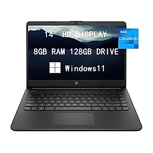HP 2023 Newest Upgraded Laptops for College Student & Business, 14'' HD Computer, Intel Celeron N4120 Quad-Core, 8GB RAM, 128GB(64GB SSD+64GB Card) Fast Charge, Windows 11, Black (14-dq0051dx)