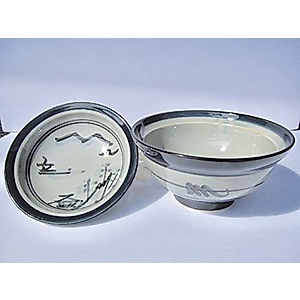 Japanese 6.1 Inches Diameter Porcelain Mashiko Sansui Donburi Ramen Noodle Soup Rice Bowl with Lid Grey M51914