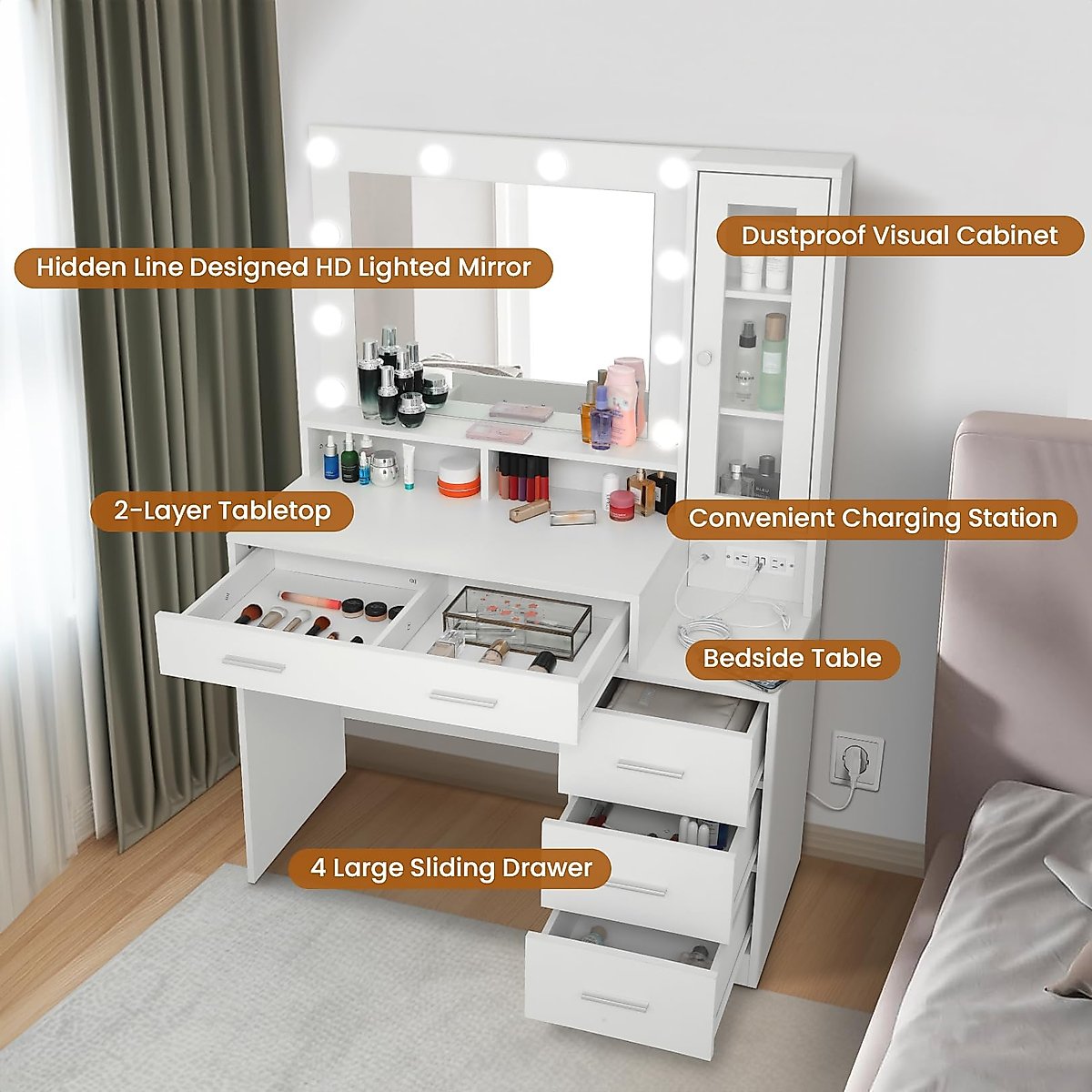 Vanity Desk with Mirror and Lights - White Vanity Table with Power Strip, 4 Drawers and Display Cabinet, 39.5'' Bedroom Makeup Desk with Nightstand and Tabletop Shelf, Brightness Adjustable