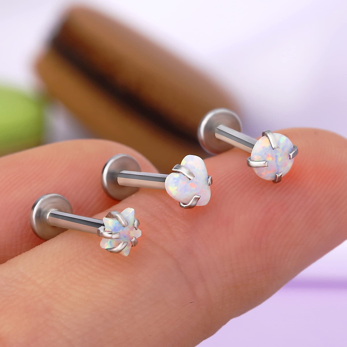 Melighting 3PCS Labret Piercing 16G Surgical Steel Lip Rings Opal with Star Heart Helix Earring Studs Internally Threaded Labret Stud Tragus Piercing Jewelry