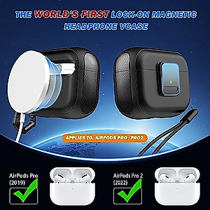 RFUNGUANGO for Airpods Pro 2nd Generation (HaloLock), Compatible with Airpods Pro Cases 2nd/1st Generation (2022/2019), Magnetic Security Support, Anti-Drop Safety Lock-Black