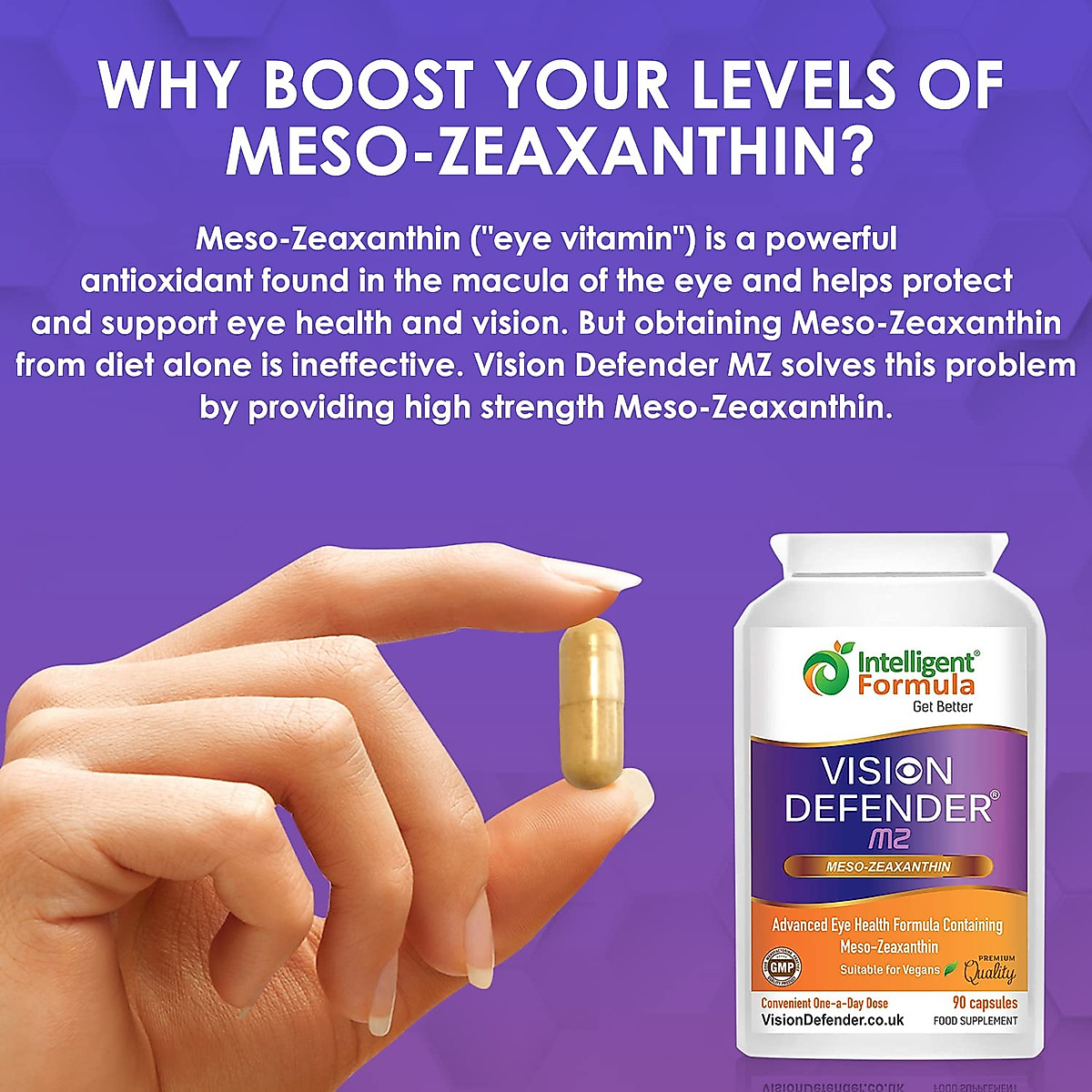 Vision Defender Meso Zeaxanthin Vegan Eye Supplement MZ- Protect and Improve Ocular Health & Eye Care, High Strength Antioxidant Carotenoid Meso-Zeaxanthin for Eyes (90 capsules/One-A-Day) Made in UK
