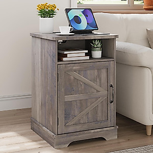 Smart FENDEE Farmhouse Nightstand with Charging Station, Beside Table with Barn Door, Modern End Side Table with Storage for Bedroom, Office, Grey