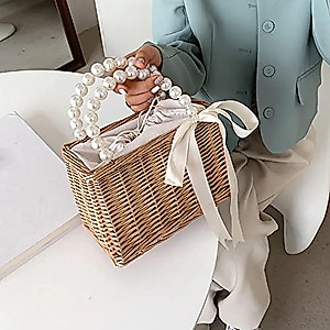 QUUL Lace Purses Handbags Women Summer Rattan Handmade Tote Bags Ladies Ribbons Beach Basket Bag Pearl Beads