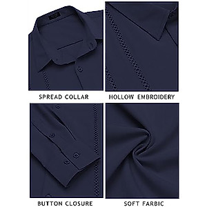 COOFANDY Men's Cuban Guayabera Shirts Casual Long Sleeve Button Down Shirt Summer Beach Tops Navy Blue