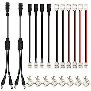 HitLights LED Strip Connector 2Pin 8mm Connector Kit Include Solderless Gapless Connector, 6Inch Jumper Connector, DC Female and Connector, DC Jack Splitter for 3528 5050 LED Strips