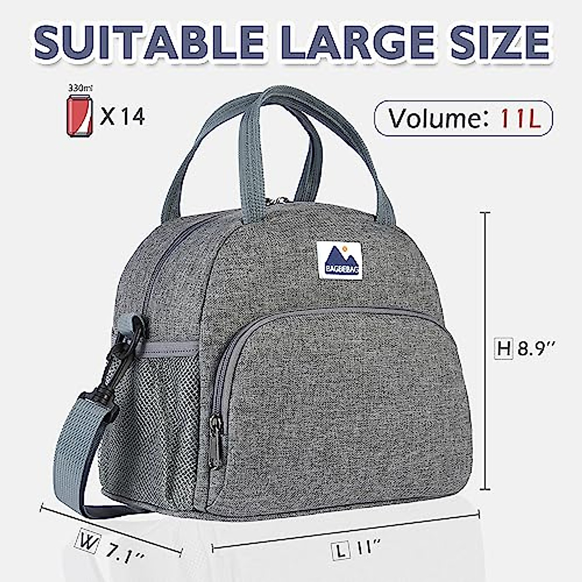 BAGBEBAG Lunch Bag Women, Insulated Lunch Bag For Women Man, Large Adult Lunch Box with Adjustable Strap, Premium Cooler Tote Bag for Office Work Picnic (Gray)