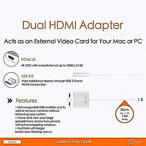 j5create USB to HDMI Adapter - Dual HDMI USB 3.0 Multi-Monitor Cable | 4K + 1080p | Compatible with Windows and macOS (JUA365)