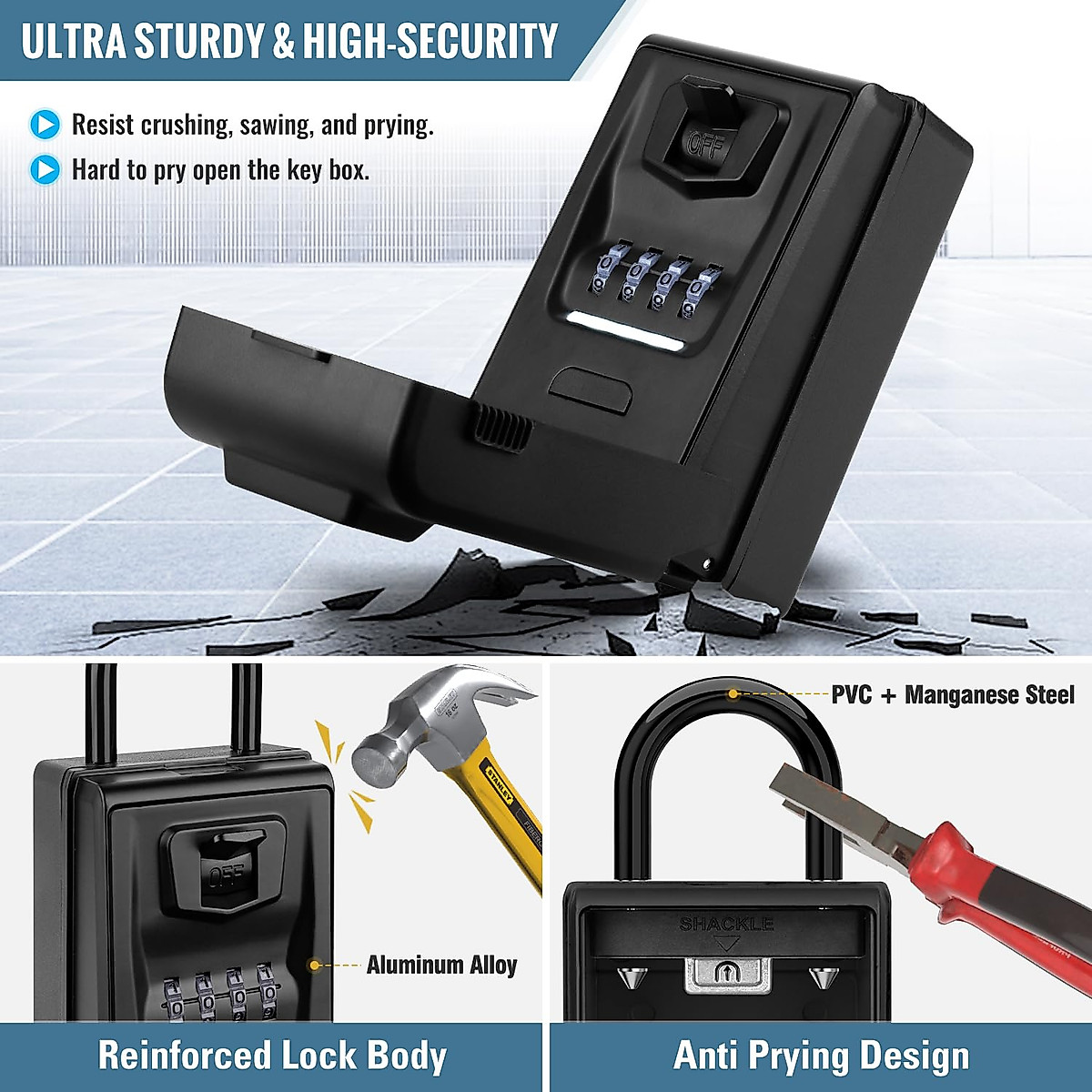 HUANLANG Key Lock Box Outdoor Light Up Lockbox 4 Digit Combination Lock Box for Door Handle Waterproof Key Safe Large Capacity Hide a Key,Security Lock Box for Realtor Home Office Garage Airbnb Gym
