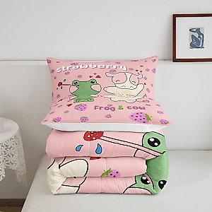 Erosebridal Cute Cow Frog Bedding Set Pink Strawberry Bedding Comforter Sets Cow Print Duvet Insert Animal Theme Quilted Comforter 3 Piece with 2 Pillow Sham, Cartoon Style Room Decor Kids Girls Boys