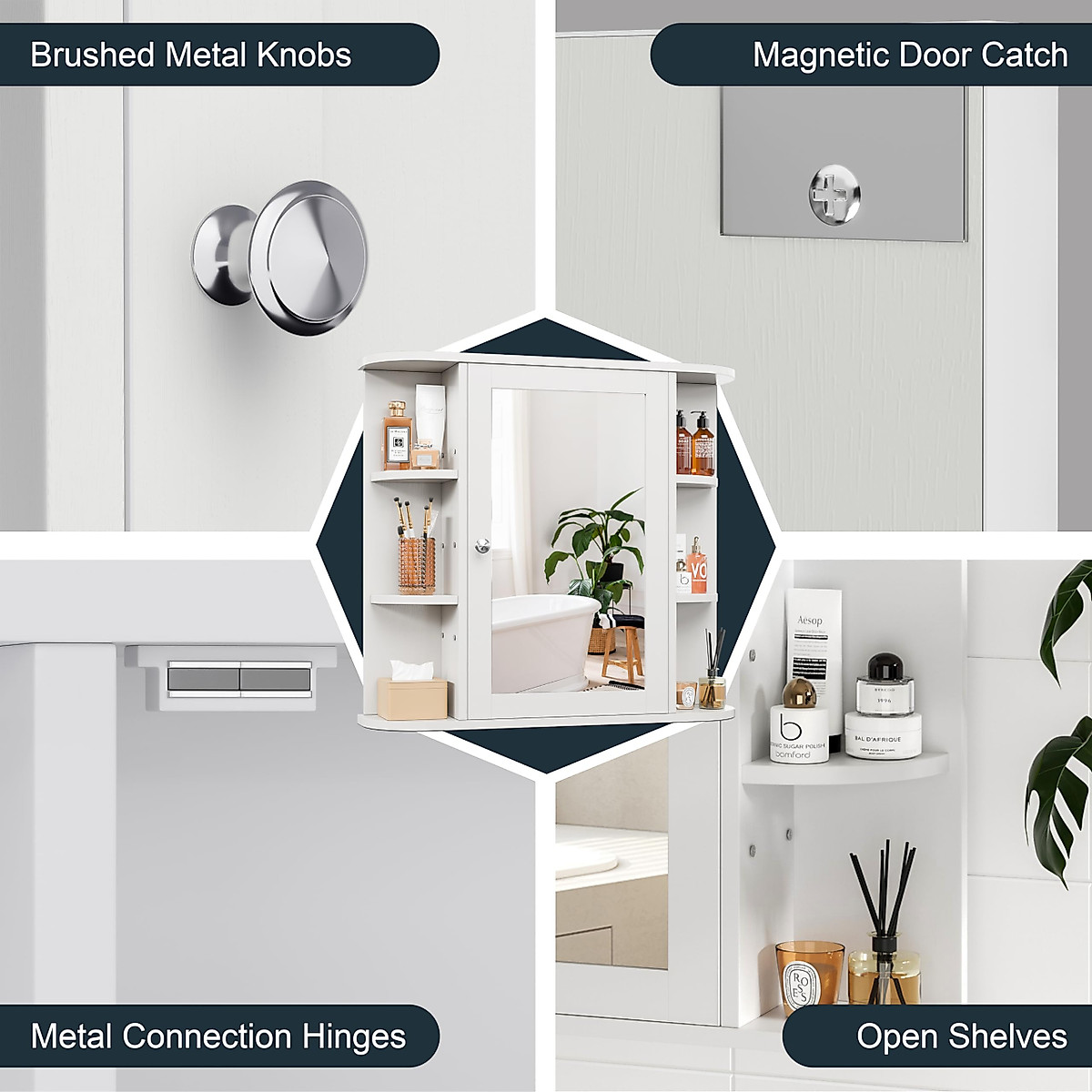 SUNLEI Bathroom Cabinet Wall Mounted with Mirror Door, Over The Toilet Storage Cabinet with Doors and Shelves, Bathroom Medicine Cabinets with 6 Open Shelves for Bathroom Organizer or Laundry(White)