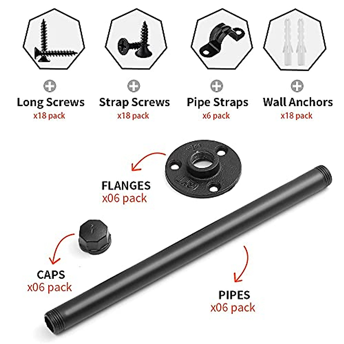 Pipe Shelf Brackets 12 Inch, Industrial Iron Pipe Floating Shelf Bracket Heavy Duty Metal Shelving Brackets for Shelves- 6 Pack Black (12 inch-6 Pack)