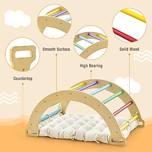 INFANS 4 in 1 Arch Climbing Toys for Toddlers, Montessori Wooden Arch Climber Ladder Structure and Rocker with Cushion Pad, Waldorf Children Indoor Gym Learning Playset for Kids Boys Girls